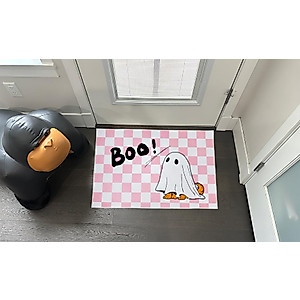 Twelve Studio Halloween Boo Doormat, Cute Spooky Ghost Dog Indoor Outdoor Welcome Mat, Washable Anti-Slip Rug for Entrance Kitchen Bathroom Halloween Decoration, 2’x3' Pink White Checkerboard