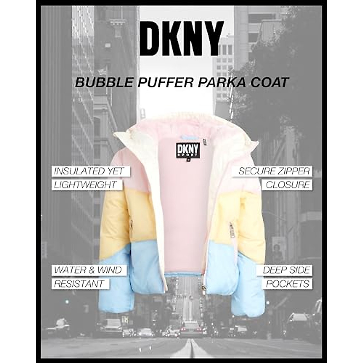 DKNY Infant Toddler Baby Girls' Winter Jacket - Fleece Lined Quilted Bubble Puffer Parka Coat for Girls (Sizes:12M-4T), Size 4, Cream/Pink/Yellow/Powder Black