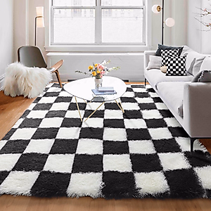 KICMOR 5x8 Area Rug for Living Room, Black and White Fluffy Shag Fuzzy Plush Soft Checkered Rugs for Bedroom, Big Large Shaggy Rug Floor Carpets for Kids Teen Dorm Home Decor Aesthetic, Boys Room
