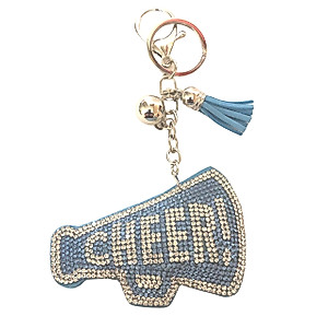 Popfizzy Rhinestone Blue Cheer Keychain for Girls, Bling Backpack Charm for Cheerleaders, Crystal Bag Charm Key Fob