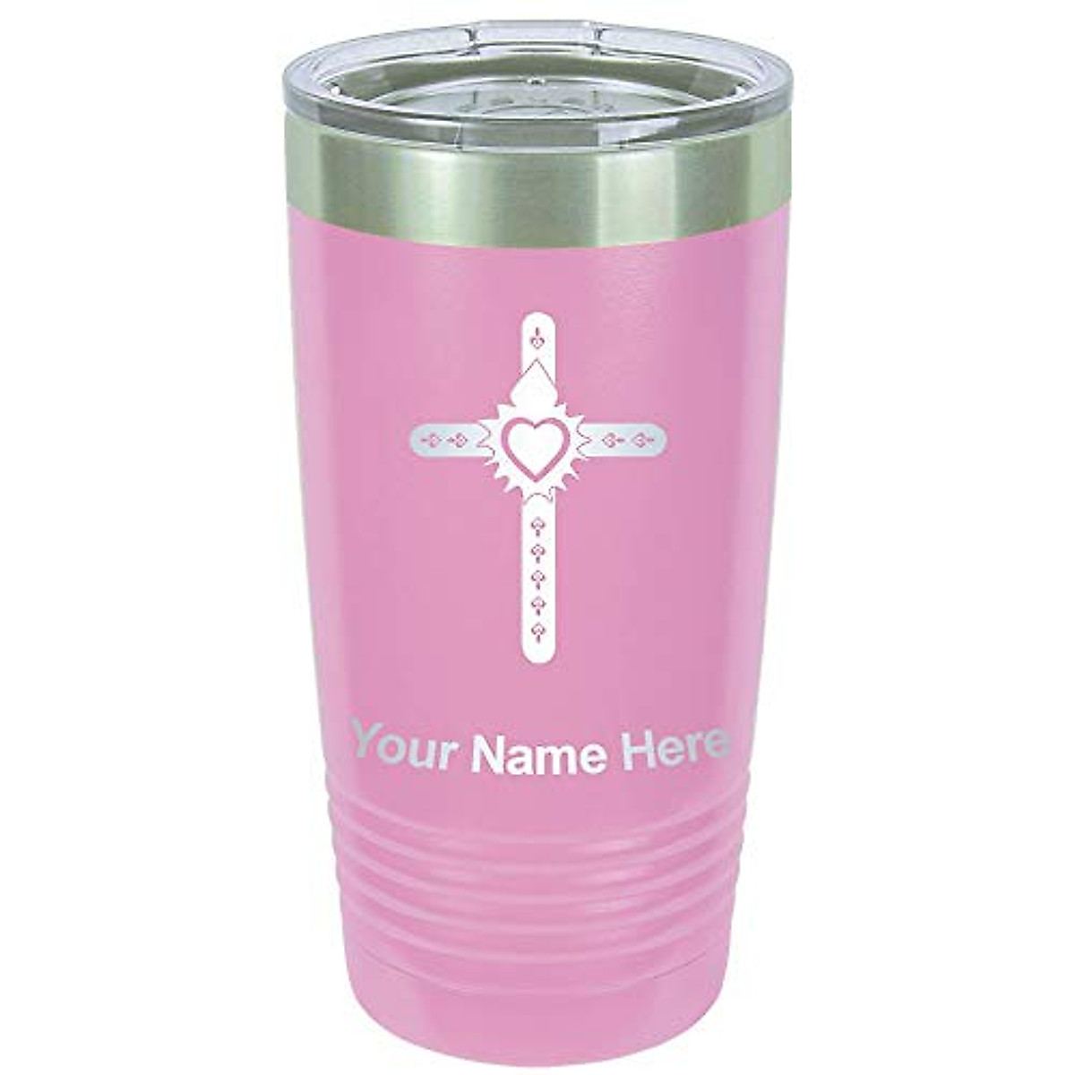 LaserGram 20oz Vacuum Insulated Tumbler Mug, Cross with Heart, Personalized Engraving Included (Light Purple)