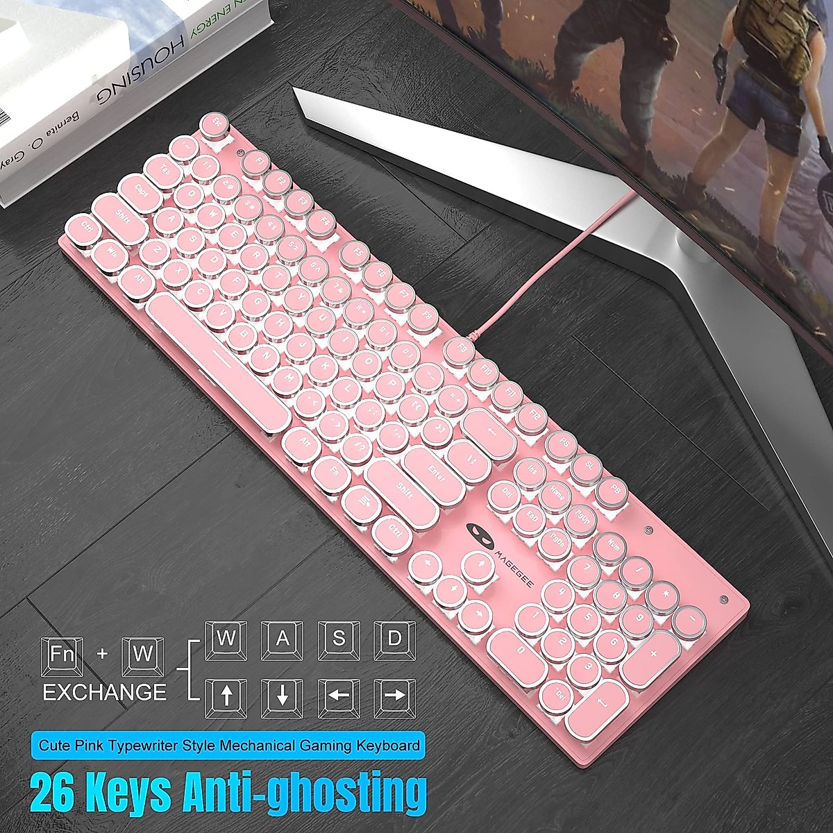 Typewriter Style Mechanical Gaming Keyboard, Pink Punk Gaming Keyboard with White Backlit, 104 Keys Blue Switch Wired Cute Keyboard, Round Keycaps for Windows/Mac/PC