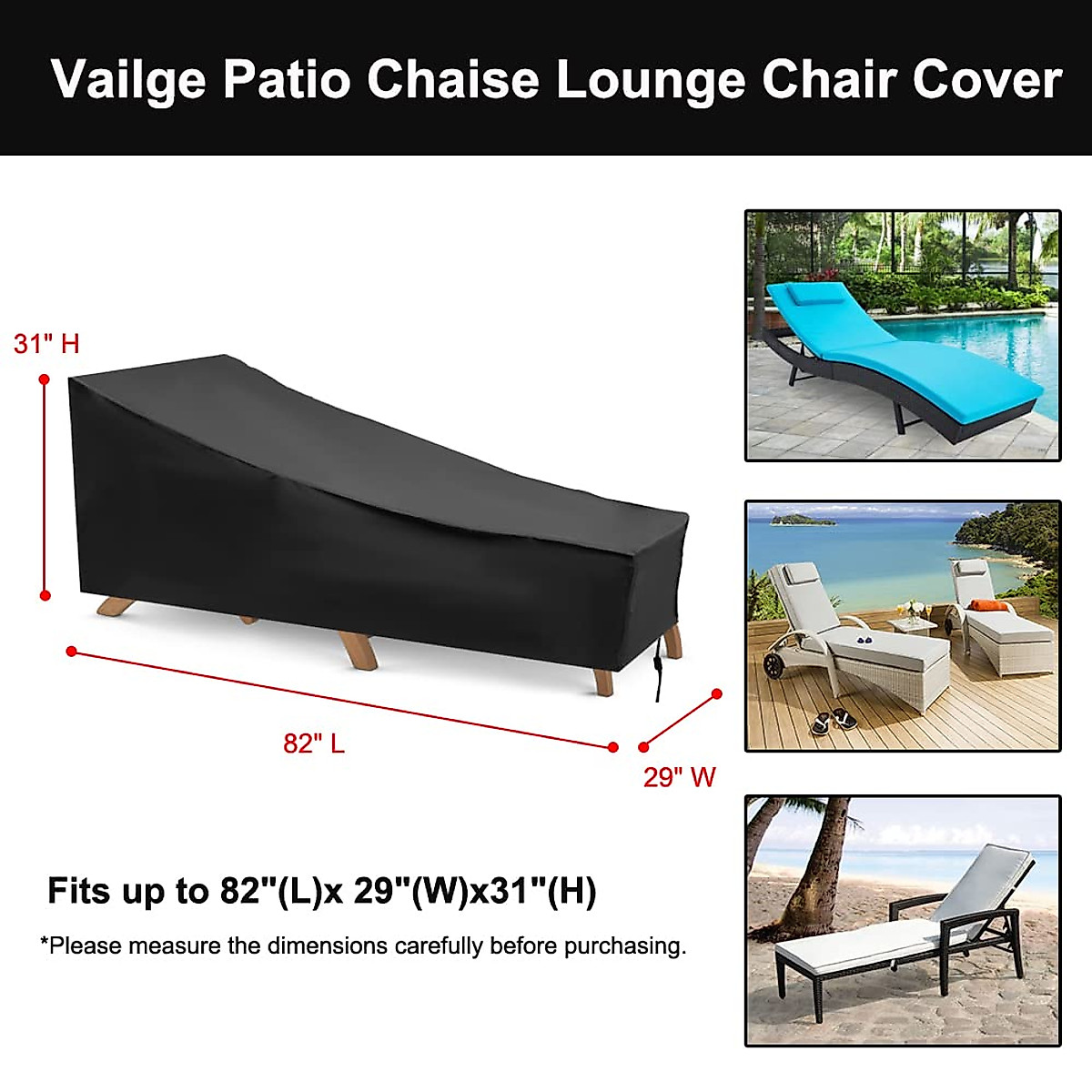TJFU 1Set Patio Chaise Lounge Cover Waterproof Outdoor Lounge Chair Covers, Water Resistant Sunbed Sun Rattan Chair Cover Black Durable Patio Furniture Covers - 82" L x 29" W x 31" H