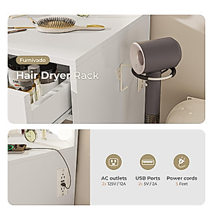 Furnivado Vanity Desk with LED Lighted Mirror, 3 Adjustable Lighting Makeup Vanity Desk with 3 Storage Shelves, 5 Large Drawers and Storage Stool, Vanity with Power Outlet for Bedroom, White