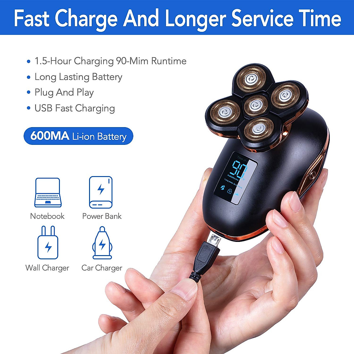 Electric Razor for Men,Plusdot 5D Wet Dry Electric Rotary Shaver Waterproof Grooming Kit,Men's Beard Trimmer 5 in 1 USB Rechargeable Cordless Bald Head Shaver Smooth Hair Trimmer