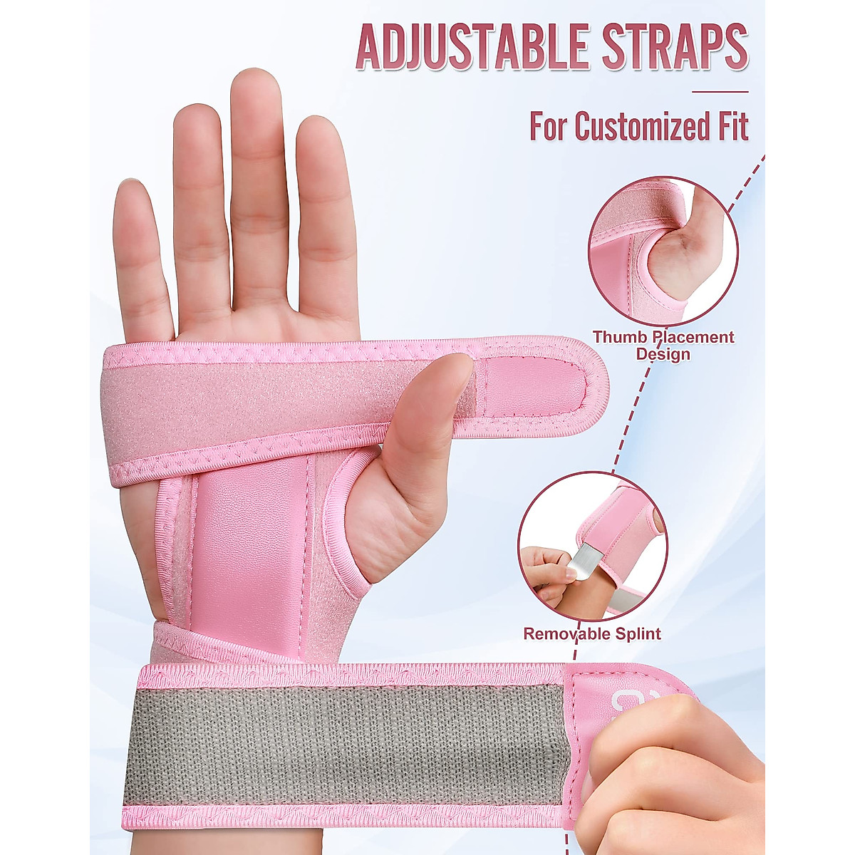 SUEH DESIGN Carpal Tunnel Wrist Brace Night Support, Adjustable Wrist Wrap for Tendonitis Arthritis and Workout Pains Relief, Wrist Splint for Right Hand, Pink