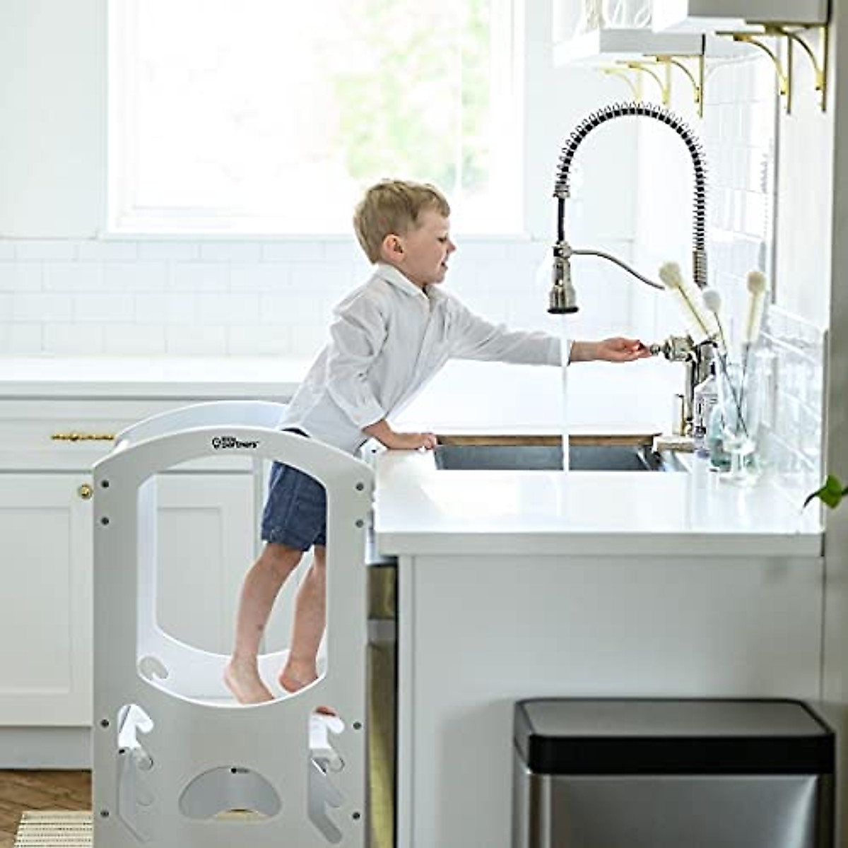 Kids Learning Tower by Little Partners – Child Kitchen Stool Helper Adjustable Height Step Stool, Wooden Frame, Counter Step-Up Active Standing Tower (Soft White)