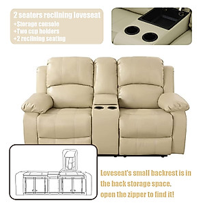 SIENWIEY Beige Leather Reclining Sofa Set for Living Room Set,Recliner Sofa and Loveseat Set/Recliner Sofa with Drop Down Table/Double Recliner Loveseat with Storage Console/Faux Leather