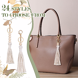 Nosiny 24 Pieces Boho Macrame Keychains Mini Cute Handcrafted Tassel Keychain Macrame Bag Charms Aesthetic Keychain with Tassel for Women Car Key Purse Phone Wallet Party Supplies, Beige