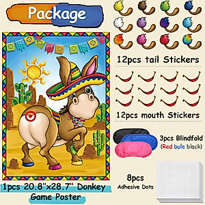 Zonon Pin The Tail on The Donkey Mexican Donkey Game, Mexican Fiesta Decorations, Taco Party Supplies, Poster with Blindfolds and Stickers Mexican Fiesta Birthday Carnival Party Decorations