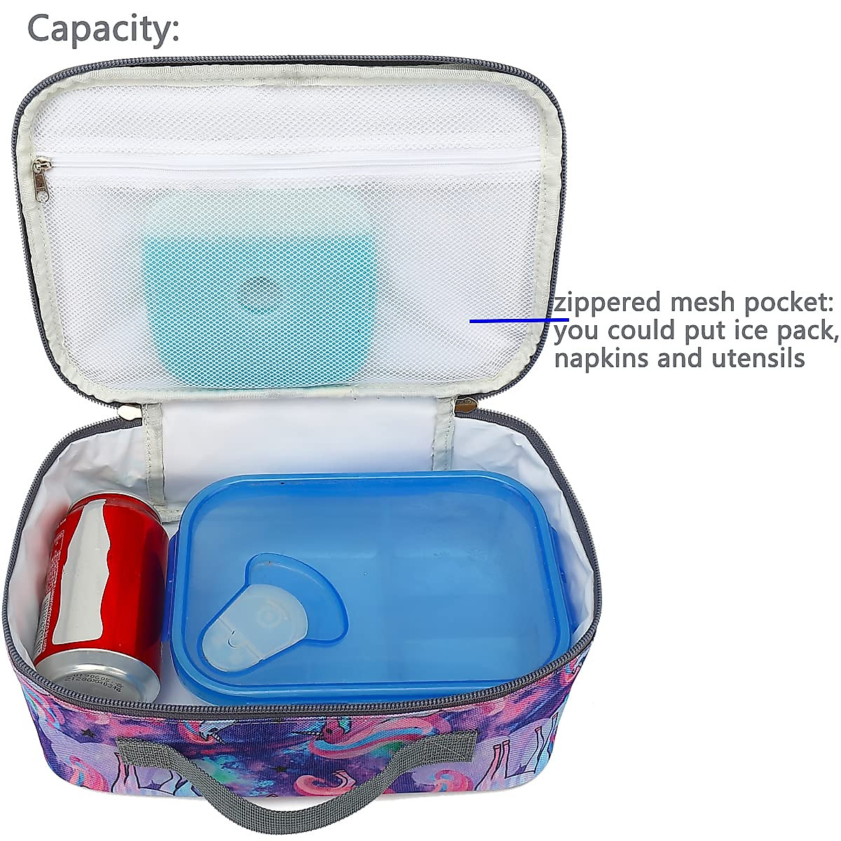 FlowFly Kids Lunch box Insulated Soft Bag Mini Cooler Back to School Thermal Meal Tote Kit for Girls, Boys, Unicorn#2