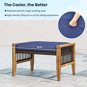HAPPYGRILL 2 Pieces Outdoor Patio Ottomans, Acacia Wood Outdoor Footstools with Removable Cushions, Multifunctional Outdoor Wicker Footrest, Additional Sating, Navy