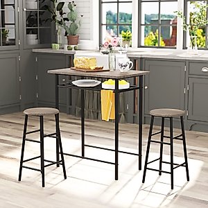 Weehom Bar Table with 2 Bar Stools, Pub Dining Table Set, Kitchen Counter Height Table with Bar Chairs, Bistro Table Sets for Kitchen Living Room, Built in Storage Layer