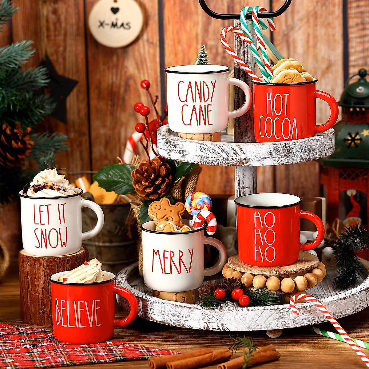 Suttmin 6 Pcs 4th of July Mini Coffee Mugs Patriotic Independence Day Tiered Tray Decor Farmhouse Mini Coffee Cups with Ribbons Centerpieces for Housewarming Gifts (Retro Star)(Candy)