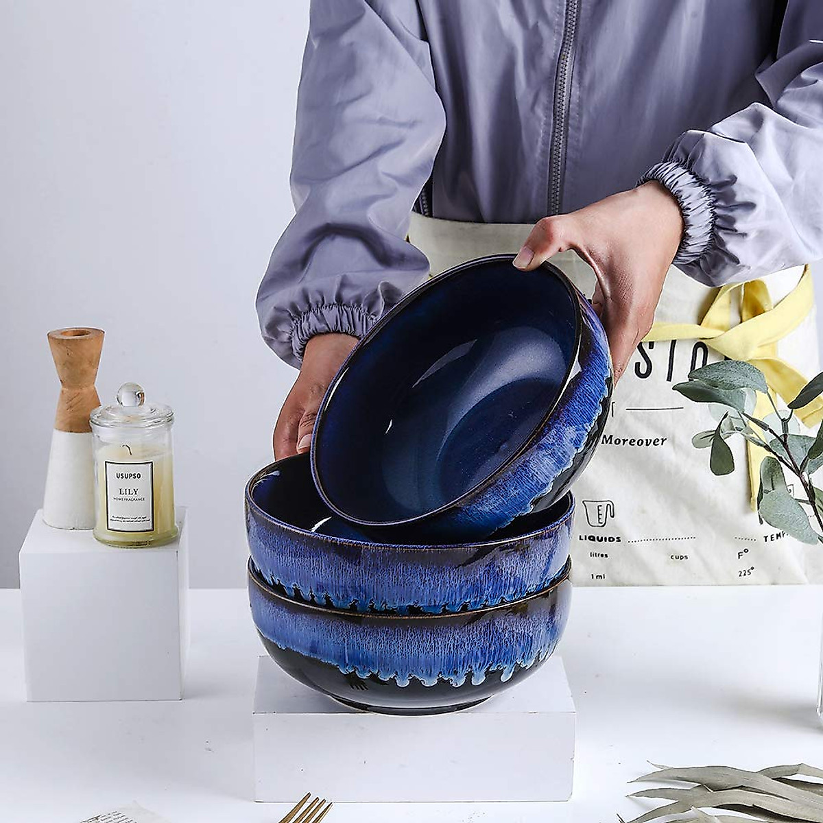 KOOV 58 oz Salad Bowls, Ceramic Bowl Set, Stackable Soup Bowls, Large Bowls, Reactive Glaze Set of 3 (Nebule Aegean)