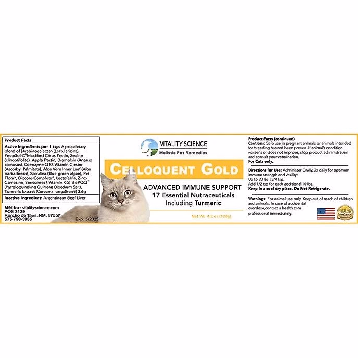 Vitality Science Celloquent Gold for Cats | Holistic Advanced Immune Support Supplement | 17 Synergistic Ingredients | Auto Immune, Vomit and Diarrhea, Depression (60g)