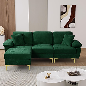 OUYESSIR L Shaped Sectional Sofa Couch, 3 Seat Velvet Sofa with Ottoman and Pillows, Upholstered Comfy Couch Sleeper for Living Room, Bedroom, 88 inches (Green)
