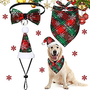 3 Pieces Dog Christmas Supplies Include 1 Christmas Bow Tie Collar 1 Pet Bandana Scarf and 1 Xmas Dog Hat for Small Medium Dogs and Cats Cats or Dogs (Red and Green,Adorable Pattern)
