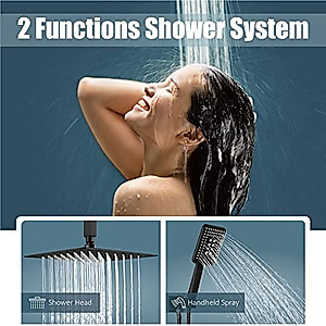Aolemi Matte Black Shower System Ceiling Mount 12 Inch Rain Shower Head with 3 Functions ABS Handheld Spray Luxury High Pressure Shower Combo Set Rough-in Valve and Shower Trim Included Bathroom
