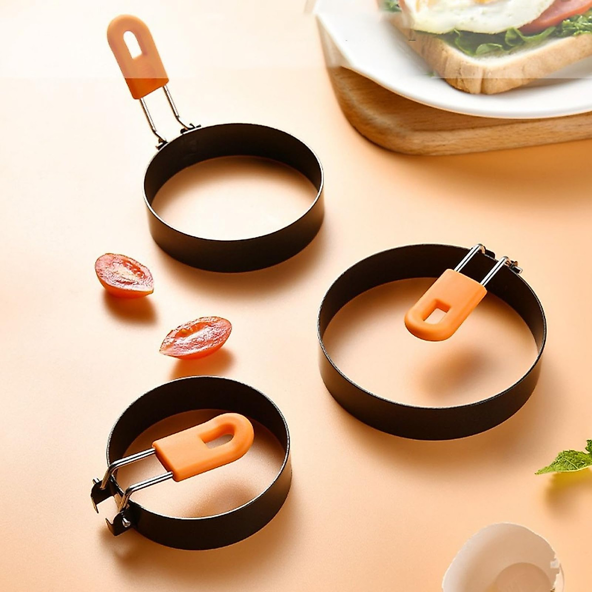 YOUNTHYE 9PCS Egg Rings for Griddle 4,6,8 Inch Pancake Ring Set Omelette Ring for Griddle with Silicone Handle Round Egg Cooker Ring Non-stick Stainless Steel Egg Rings for Breakfast Omelette Sandwich
