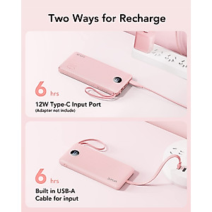 VRURC Portable Charger 10000mAh, Slim LED Display Power Bank, 5 Output 2 Input Cell Phone Battery Pack, Built-in Micro & USB C Cables Phone Charger Compatible with iPhone,Samsung,Android-Pink(1 Pack)
