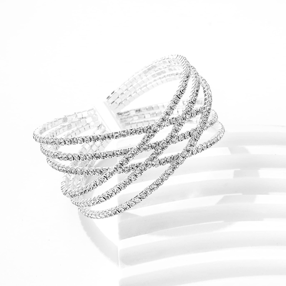 Ecesha Sparkly 6 Rows Cross Rhinestone Crystal Multilayer Arm Cuff Bangle Bracelet for Women Costume Jewelry Formal Wedding Party (Style A & Silver Plated)