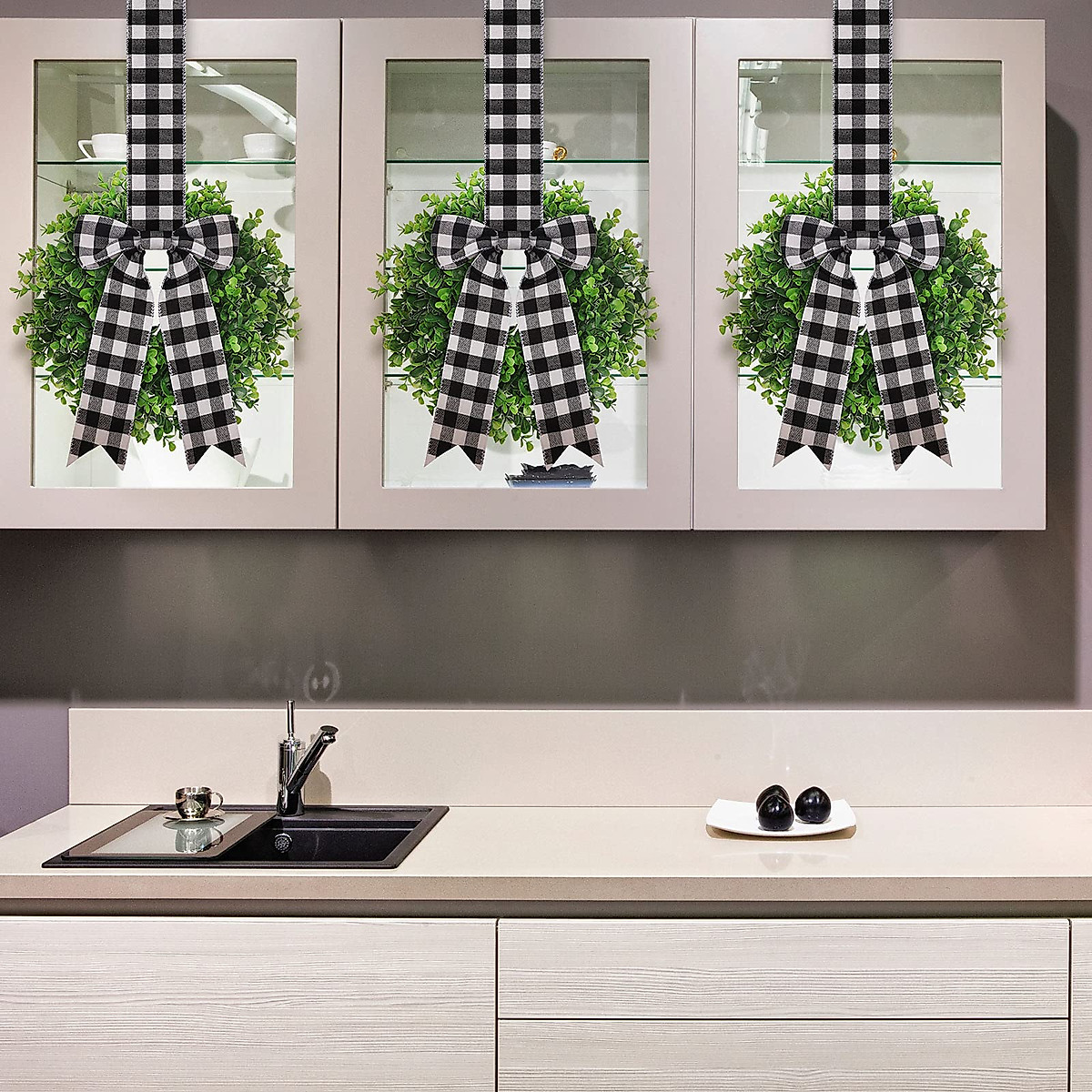 Artificial Eucalyptus Wreath Greenery Hanging Wreath Kitchen Cabinet Wreath with Buffalo Plaid Bow Black and White Check Bow for Christmas Front Door Home Wall Porch Patio Garden Decor