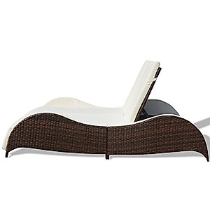 Festnight 2-Person Patio Sun Lounger Bed Brown Rattan Garden Daybed Chaise Lounger with Adjustable Backrests and Cushion Outdoor Backyard Lawn Furniture 79" x 52" x 18" (L x W x H)