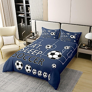 Feelyou Full(No Comforter) Soccer 100% Cotton Duvet Cover Boys Girls Football Bedding Set for Kids Teens Toddler Navy Blue Comforter Cover Set Soccer Ball Game 3Pcs Zipper