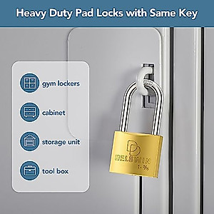 DELSWIN Brass Padlock with Same Keys - Heavy Duty Solid Brass Locker Lock with 1-4/5 in. Long Shackle, Marine Grade Pad Lock for Outdoor Gate, Fence, Shed (2 Locks with 4 Keys)
