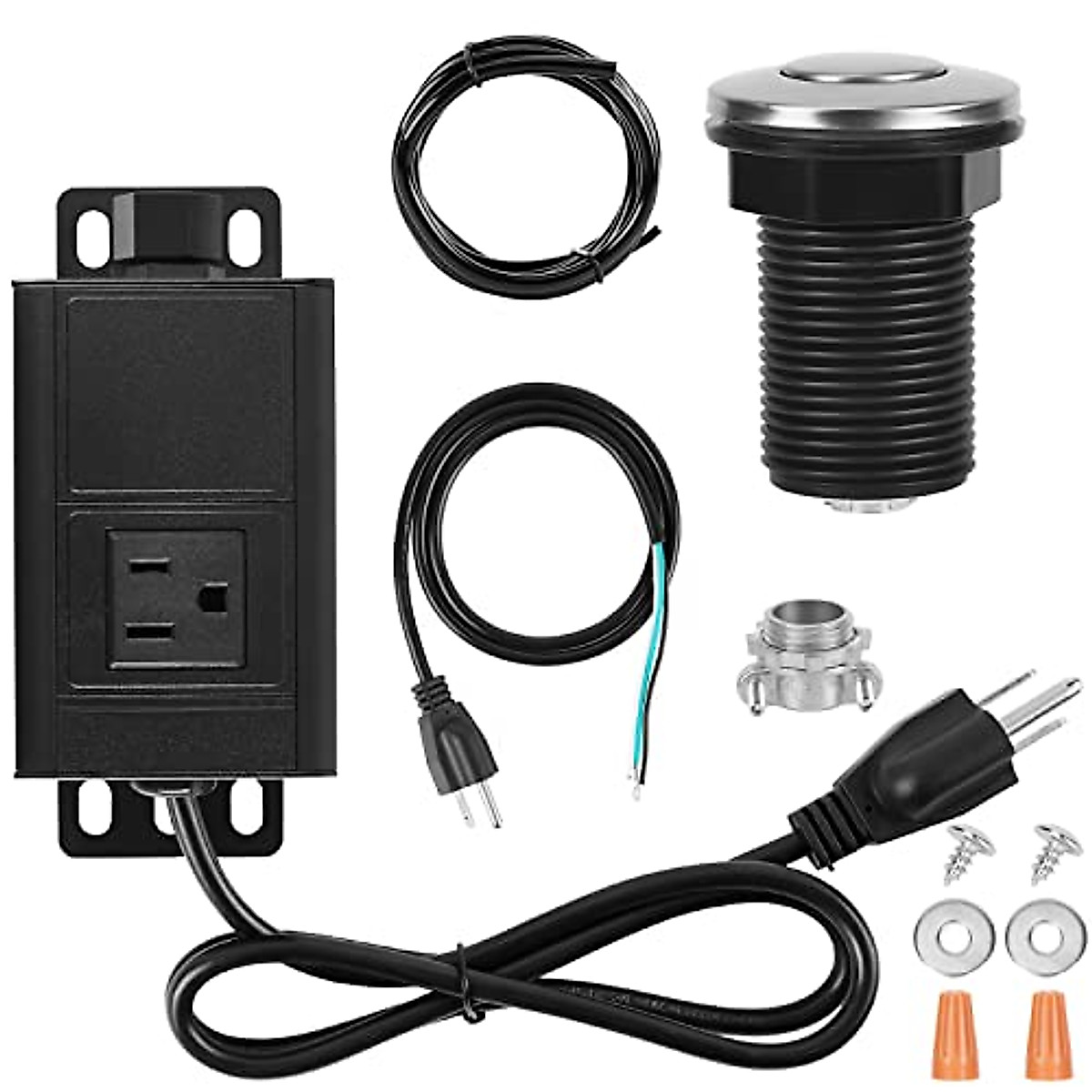 HK Garbage Disposal Air Switch Kit with Power Cord Kit, Sink Top Waste Disposer Stainless Steel On/Off Push 2.5" Button, Aluminum Alloy Power Module, Food Waste Disposals Replacement Parts