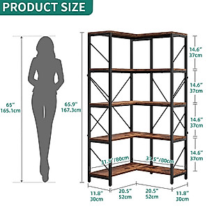 YITAHOME Corner Bookshelf, Industrial Corner Shelf 5 Tier Bookcase, Large Display Rack Storage for Bedroom, Living Room, Home Office,Rustic Brown