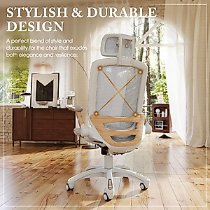 GABRYLLY Ergonomic Office Chair, High Back Home Desk Chair with Flip-Up Arms, Headrest, 90-120° Tilt and Wide Cushion, 400LBS White Mesh Chair for Work Gaming Study (GY01-NT, Woodgrain Pattern)