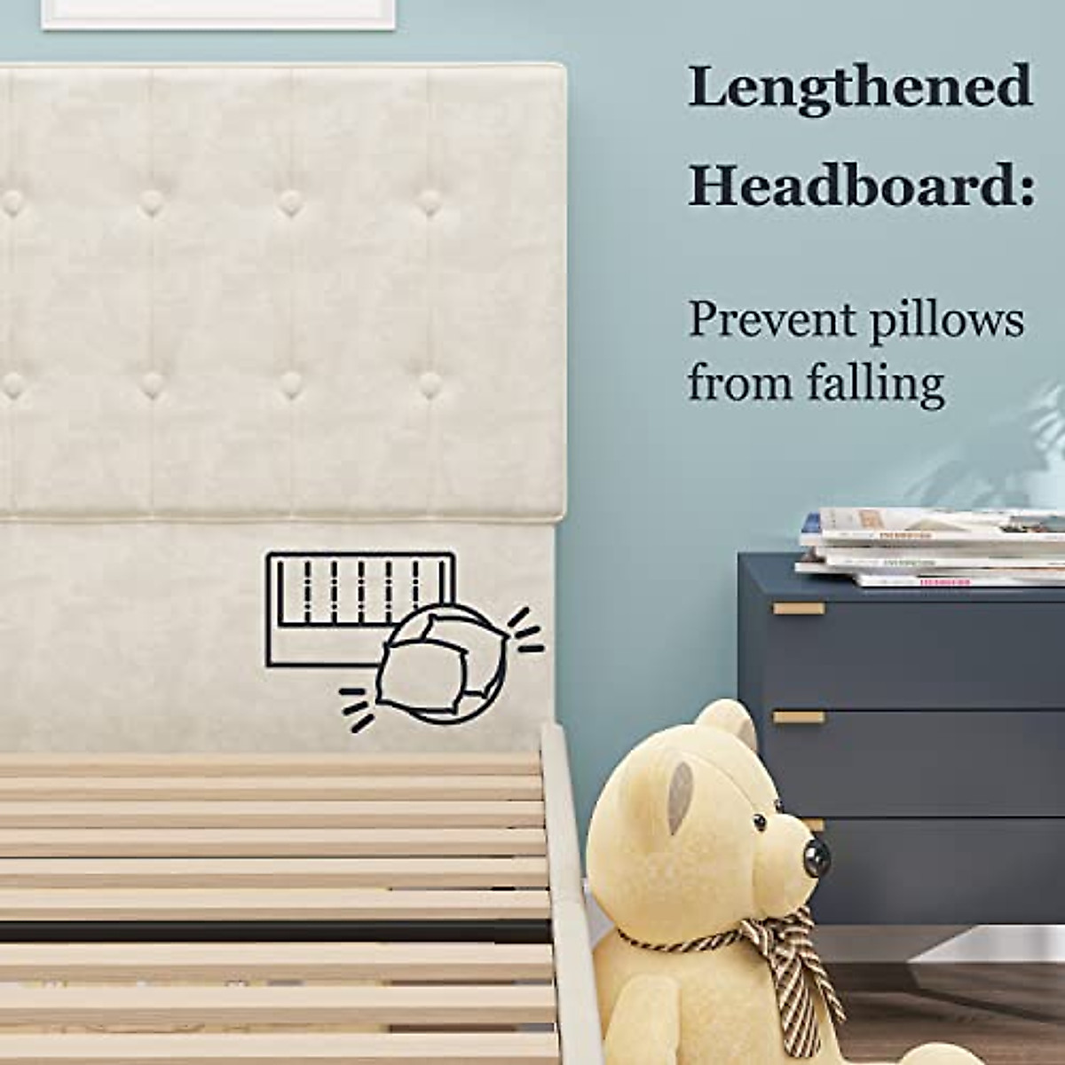 LIKIMIO Twin Bed Frame with XL Under-Bed Drawer, Velvet Upholstered Platform Bed Frame with Headboard, No Box Spring Needed/Noise-Free, Beige