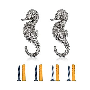 ALIWINER Seahorse Metal Hooks Hanging Wall Mounted Decorative Hook,Towel Hooks Decorative Seahorse Hook Ocean Theme Wall Decor 2Pcs