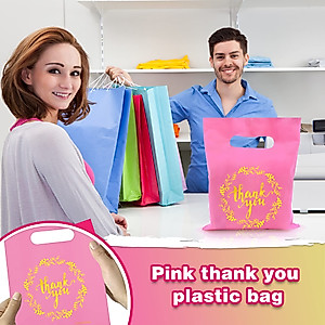 KDPATFAV 70 PCS 9" x 12" Plastic Merchandise Bags Shopping Bags with Thank You Logo Boutique Bags with Handles for Birthday Party Baby Shower Wedding Trade Shows and More (Pink)