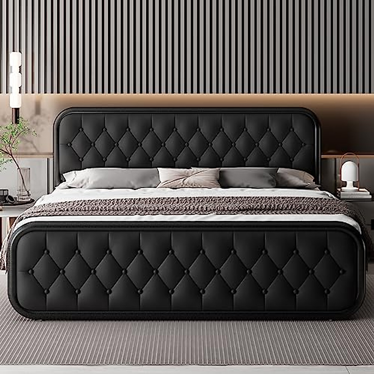 Feonase King Bed Frame with Rhombus Button Tufted, Oval-Shaped Metal Platform Bed with Faux Leather Headboard, Strong Slats Support, 12" Under-Bed Storage, Noise-Free, Easy Assembly, Black