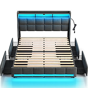 Rolanstar Queen Size Bed Frame with LED Lights and Charging Station, Upholstered Bed Storage Headboard & Drawers, Heavy Duty Wood Slats, Easy Assembly