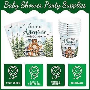 XIENBLOC 120pcs Let The Adventure Begin Party Supplies Baby Shower Plates Napkins Tableware Set Disposable Cups Green Forks Adventure Party Supplies for 24 Guests
