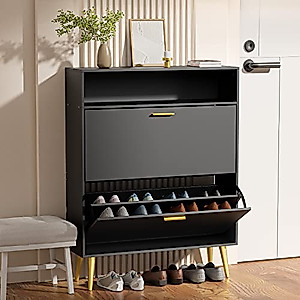 JOZZBY Shoe Cabinet for Entryway, Black Narrow Shoe Cabinet with 2 Flip Drawers Slim Shoe Storage Cabinet Freestanding Shoe Organizer Hidden Show Cabinet for Entryway, Hallway, Living Room