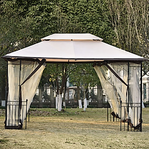 Patio Outdoor Gazebo 13x9.7 Iron Metal Frame with Mosquito Netting, Double Roof Canopy Tent Suitable for Backyard, Poolside, Garden, Lawn and Deck, Khaki