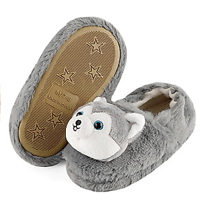 ESTAMICO Boys Girls Plush Warm Slippers Kids Cute Animal Winter Fur Lined Indoor Home Shoes, Grey Bear 9-10 Toddler