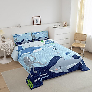 Homewish Shark and Whale Comforter Set,Cartoon Sea Animal Bedding Set for Kids Girls Women,Adults Octopus Turtle Comforter,Underwater World Quilted Duvet Set Bedroom Collection Twin Size 2Pcs