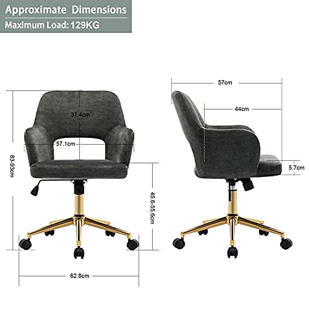 Duhome Home Office Desk Chair with Wheels, Fabric Adjustable Swivel Accent Chair with Hollow Mid-Back Backrest, for Living Room Bedroom, Green Golden Base