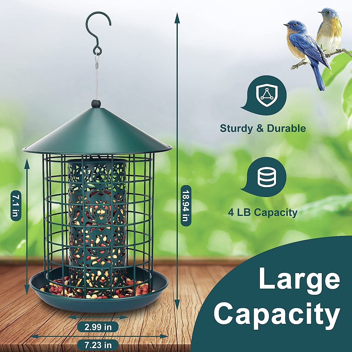 Gaprass Squirrel Proof Bird Feeders, Metal Bird Feeders for Outdoors Hanging, Bird Feeder for 360°Feeding Area for Wild Birds, Chew Proof & Rust Proof, 4lbs Capacity - Green