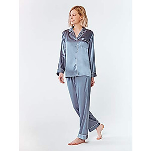 SIORO Silky Pajamas for Women Satin Pajama Sets Long Sleeve Button Down Sleepwear PJ's Soft Loungewear, Blue Grey, Medium