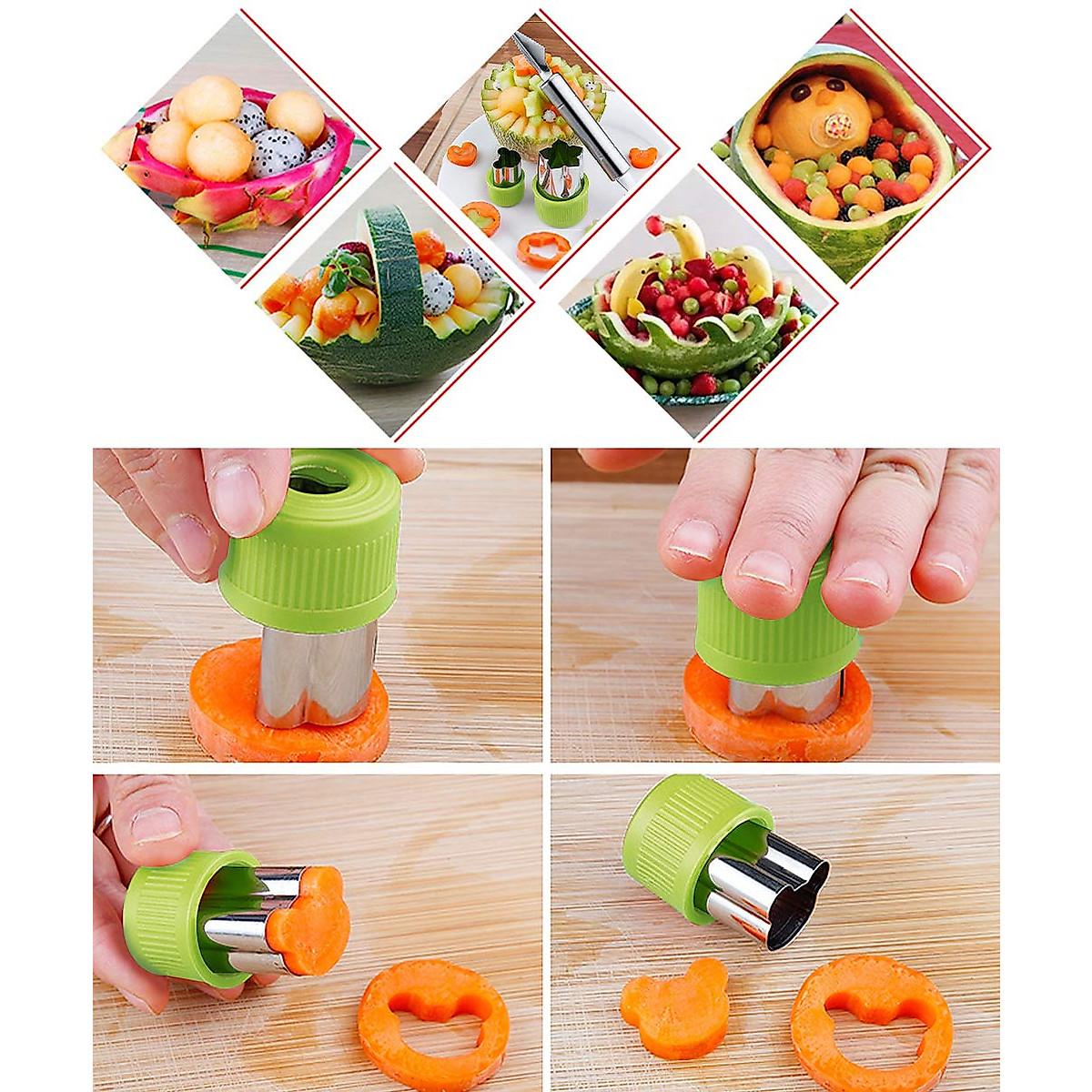 Fruit Vegetable Cutter Shapes Set, Mini Pie and Cookie Stamps Mold(8 pcs) with Melon Baller Scoop ＆ Carving Knife, Stainless Steel, DIY Fun Food Decorating Tools cookie cutter for Kitchen