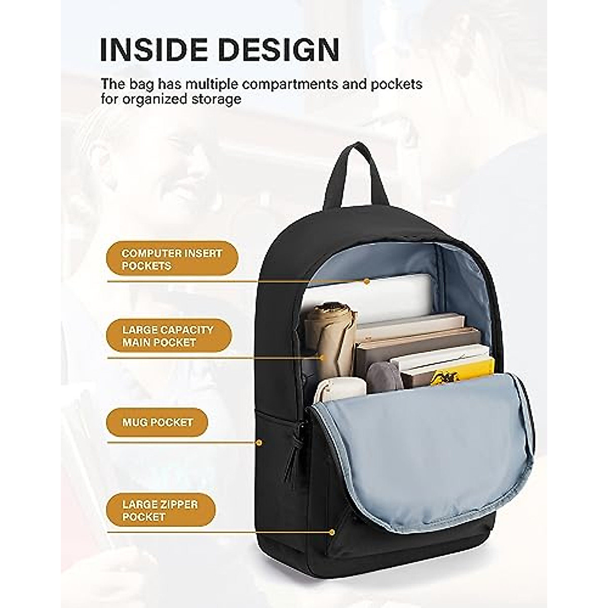 Black Backpack Casual Daypack Backpacks College Backpack Canvas Backpack for Women and Men with Laptop Compartment Carry on Backpack Simple Modern Backpack