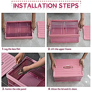 DSVENROLY 2Pcs Foldable Plastic Storage Box With Lid, Upgrade Multifunction Transparent Collapsible Storage Bins, Stackable Clear Latch Storage Box with Handle, Folding Plastic Containers (Pink)