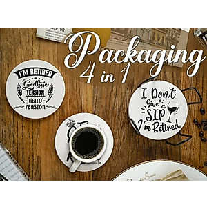 Best Retirement Gifts for Women, 4 Pcs Retirement Coasters for Drinks Absorbent with Holder and Corked Back, Unique Present for Retired Women, Retirement Gifts for Grandma, Boss Lady, Nurse, Teacher